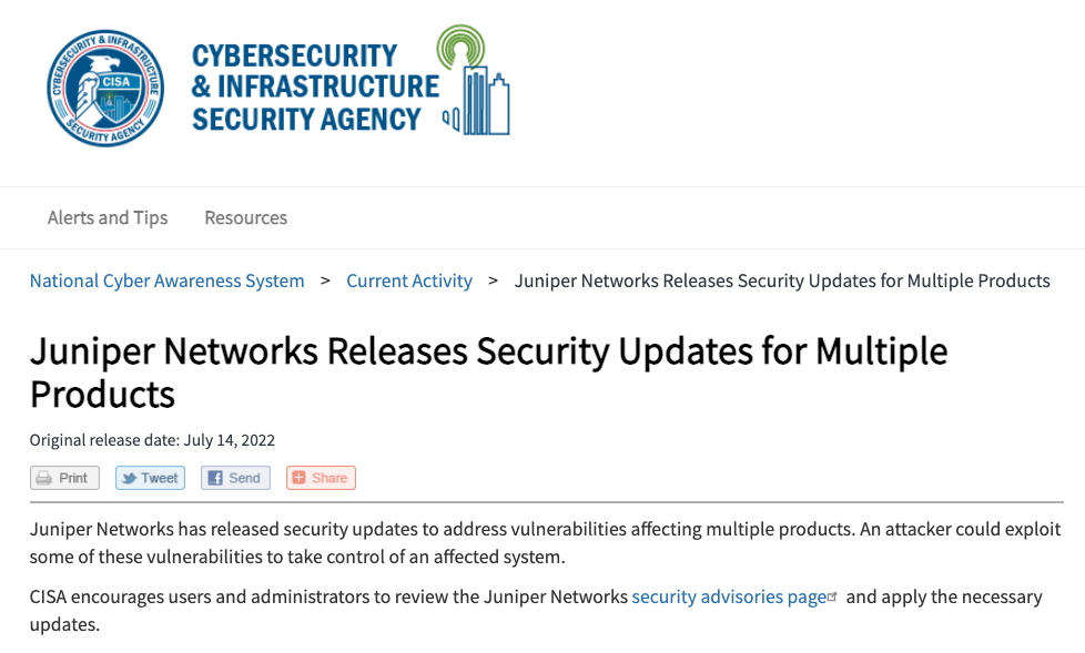 CISA 警告：Juniper の深刻な脆弱性に対して迅速なアップデート適用を推奨 – IoT OT Security News