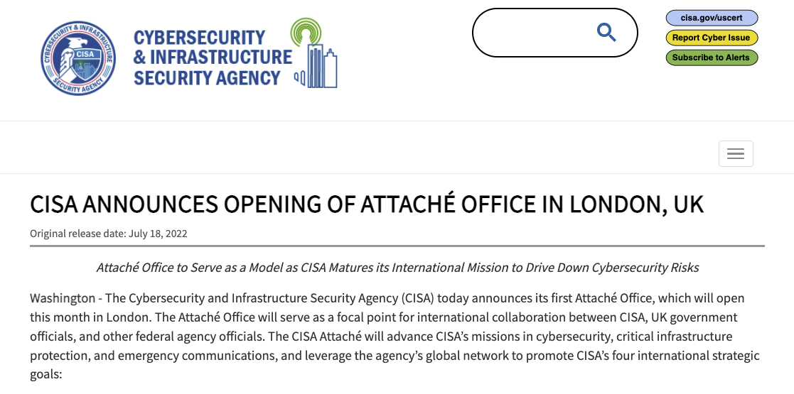 米国 CISA がロンドンに新事務所を開設：国境を越えた協調を強く意識していく – IoT OT Security News