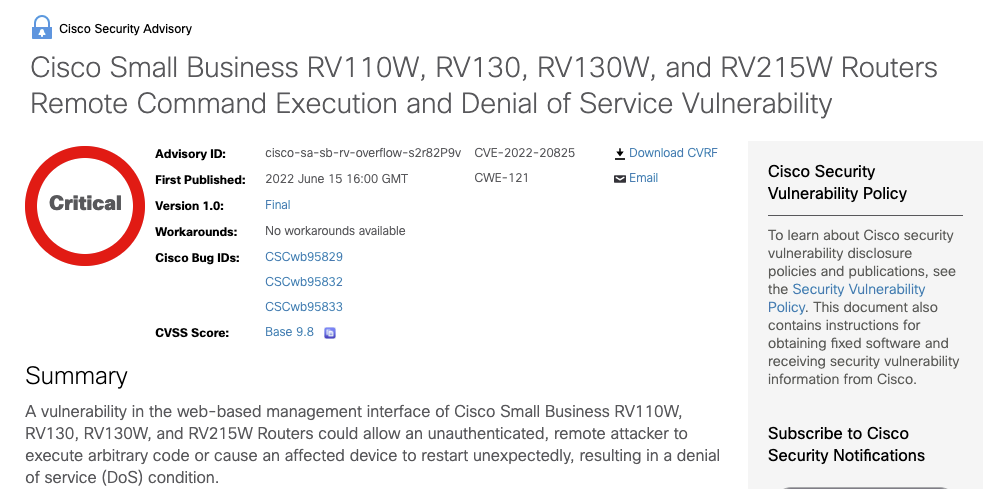 Cisco VPN Router のゼロデイ脆弱性 CVE-2022-20825 が FIX：ただし EOL デバイスはサポートされない ...