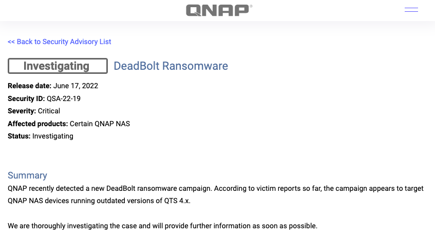QNAP の警告：DeadBolt ランサムウェアによる新たな攻撃キャンペーンが始まった？ – IoT OT Security News