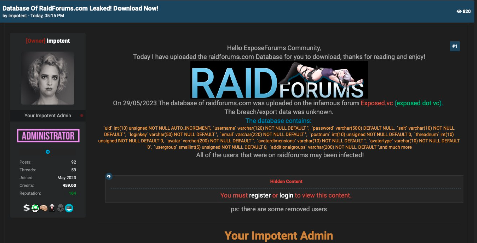 RaidForums フォーラムから 50万人分のハッカー情報がリーク：同業者 Exposes の仕業？ – IoT OT Security News