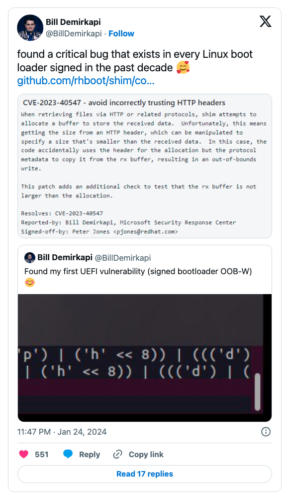 Linux shim の深刻な RCE 脆弱性 CVE-2023-40547 などが FIX – IoT OT Security News